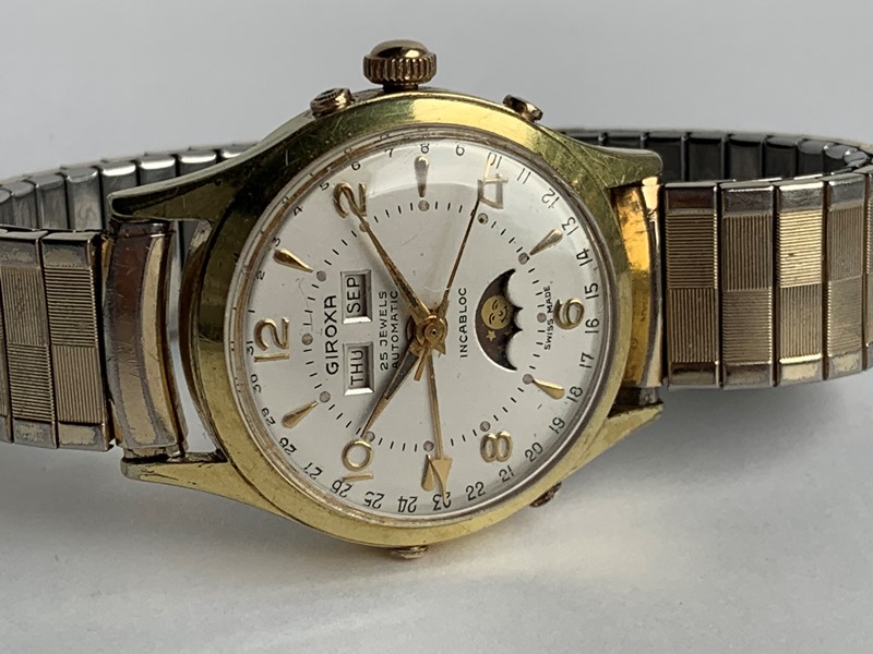 #5821 Rare Giroxa automatic triple date moonphase calendar mid 50's ...