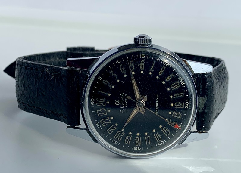 #5902 Swiss 50's Vintage Alpha 17 jewel True 24 Hour Pilot Watch 150 ...